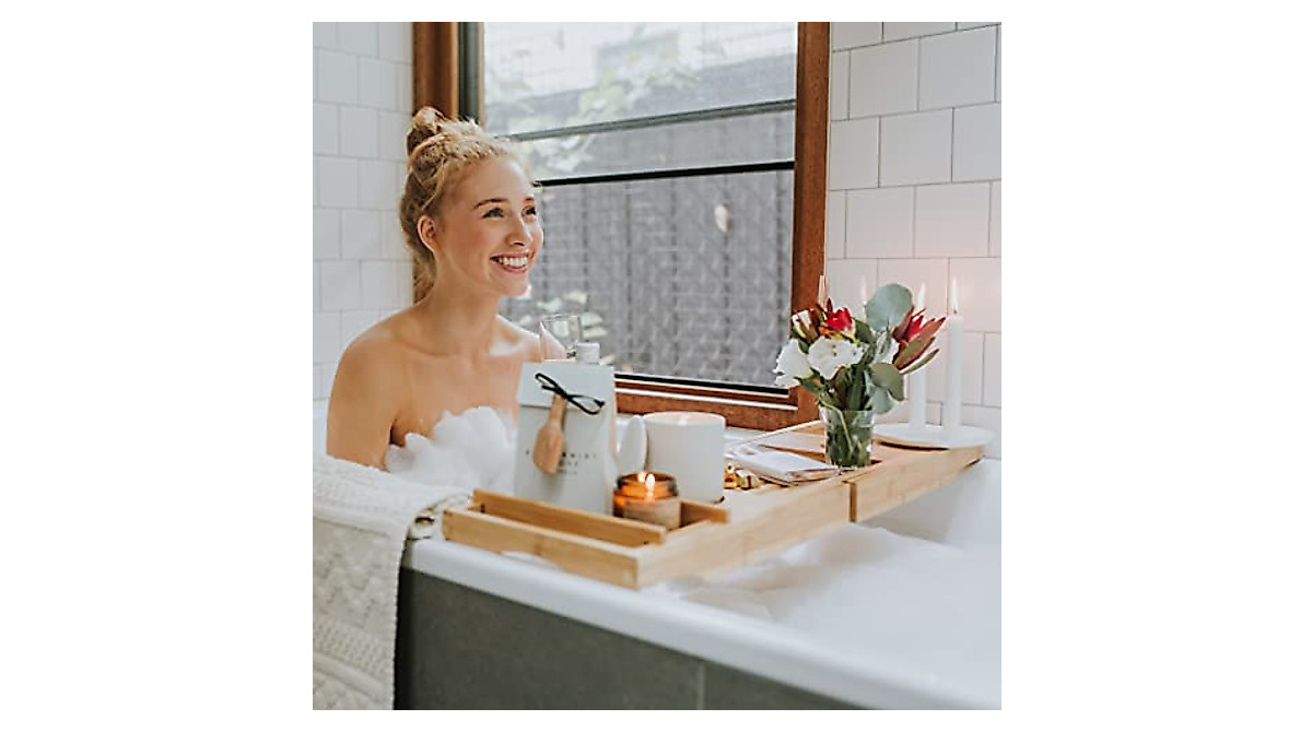 Luxury Bamboo Bathtub Caddy Tray - Expandable & Adjustable