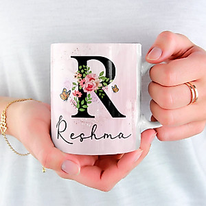 Personalized Name & Initial Monogram Floral Pink Pattern Alphabet White Coffee Mug Cup, Initial Monogram Travel Mug Gift For Women