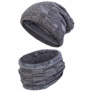 2 Pieces Winter Beanie Hat Scarf Set Thick Warm Knit Fleece Lined Skull Cap Scarves Gifts for Men,Y-Gray