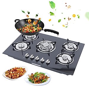 TFCFL 30'' Gas Cooktop Tempered Glass Built in Gas Stove 5 Burners, Gas Stoves Cooktop Cast Iron Grate Stove-Top LPG/NG Easy to Clean for Kitchen (30" 5 Burners)