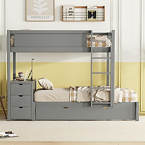 CITYLIGHT Twin Over Twin Bunk Beds with Desk and Storage Drawers, Wood Bunk Beds with Trundle, Twin Bunk Bed with Charging Station for Kids Teens, Girls Boys, Grey