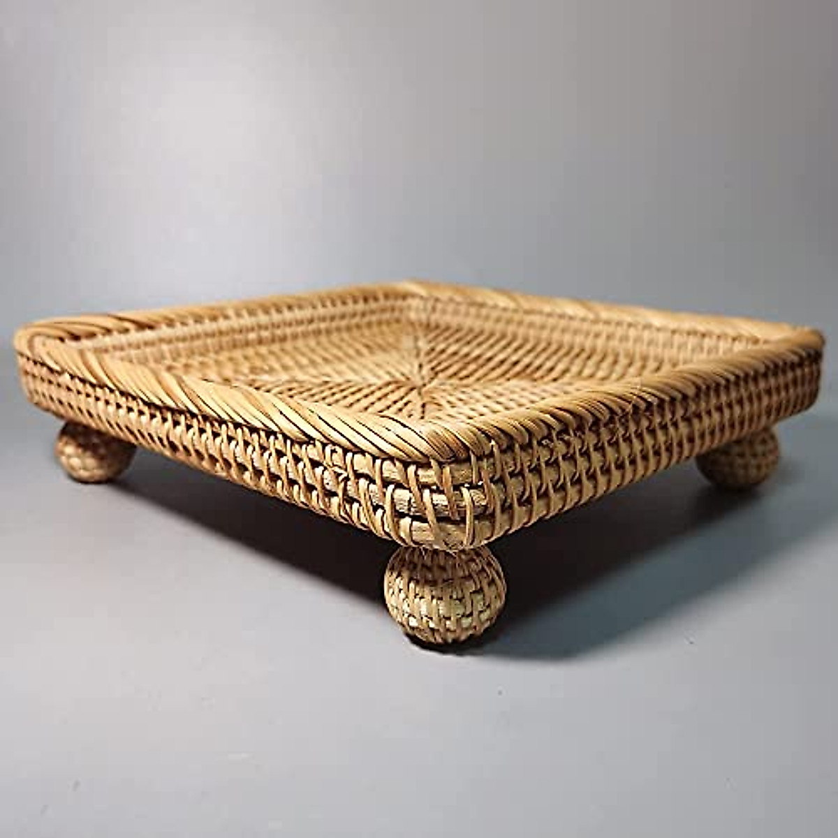 9 Inch Rattan Serving Basket, Square Woven Bowl with 1”Side and Pedestal Stand, Flat Wicker Decorative Snack Basket Trays for Bread, Fruit, Keys, Candy Dish, Rustic Platter, Display Riser, Exxacttorch