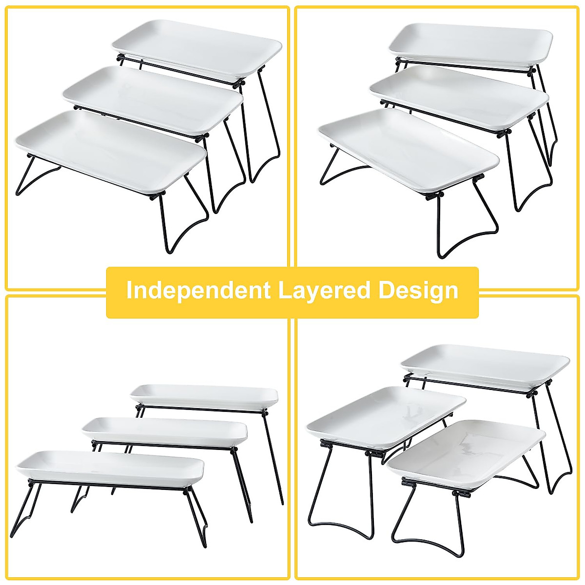 HAPPY KIT 3 Tier Serving Tray Set and Tiered Tray Stand,12 Inch Widened Porcelain Platters with Freely Combinable Rack,Decor Cupcake Stand for Christmas Party Display,Dessert Trays Collapsible