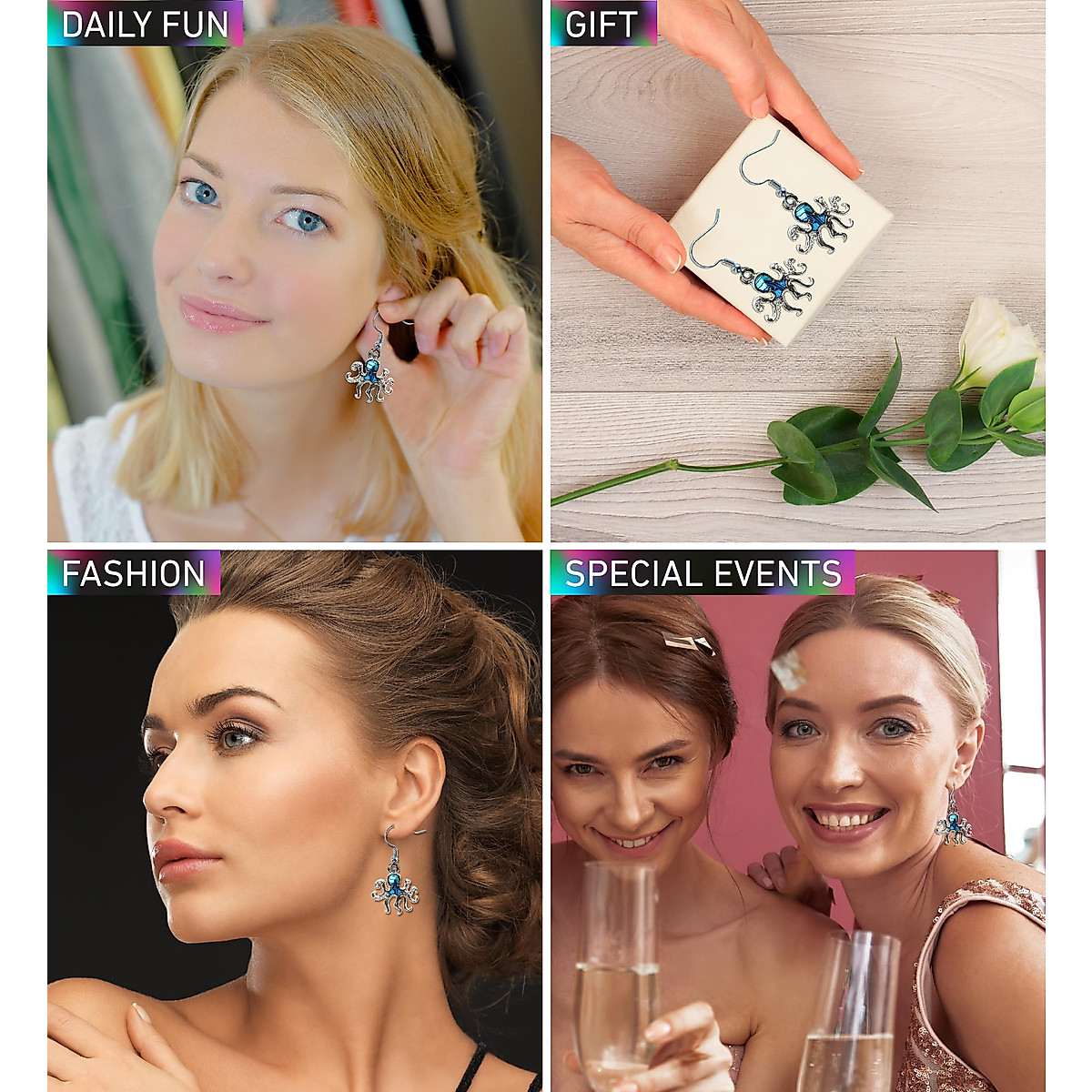 Puzzled Octopus Earrings - Charming New Zealand Blue Paua Shell Octopus Jewelry Earrings, Elegant Abalone Shell Sea Animals Earrings, Unique Jewelry Sterling Silver Earrings Gifts for Women - 3 Inches