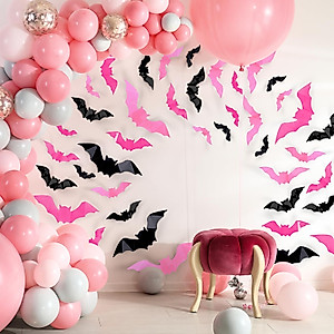 Whaline 112Pcs Halloween Wall Decoration 3D Bats with Foam Adhesive Black Pink Rose Red Waterproof Spooky Bats Stickers Hocus Pocus Party Supplies for Halloween Home Wall Window Door Decor, 4 Sizes