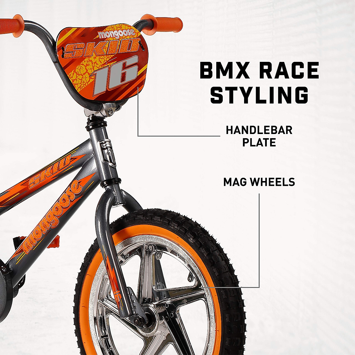 Mongoose Skid Boy's Freestyle BMX Bike with Training Wheels, 16-Inch Wheels, Grey