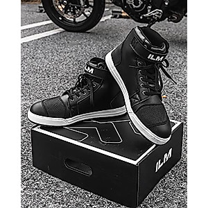 ILM Motorcycle Shoes for Men Black Waterproof Street Riding Protective Gear Breathable Powersport Anti-Slip Footwear with Ankle Support, Shift pad (Black,8.5)