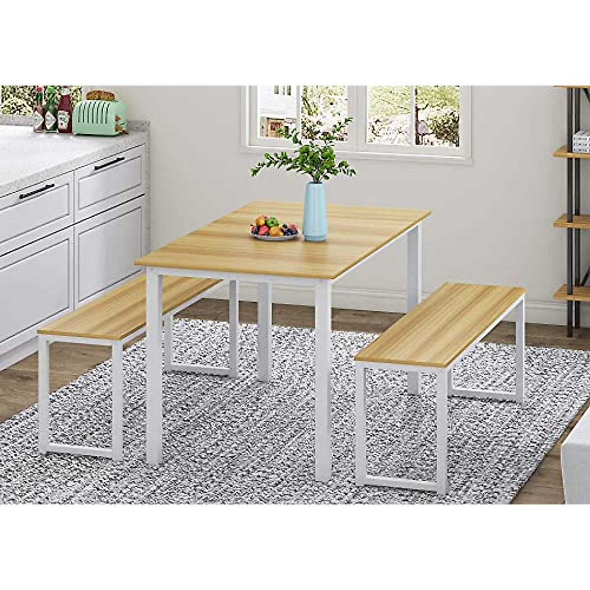 HOMOOI Dining Table Set for 4, 3 Pieces Kitchen Table with 2 Benches, Modern Wood Grains Table and Chairs Dinette Set for Home Kitchen, Dining Room, Restaurant, White