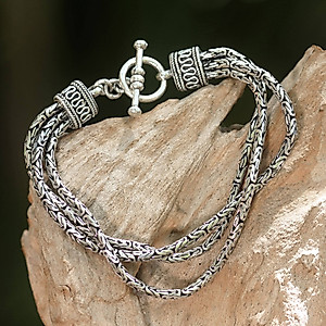 NOVICA Artisan Handcrafted Sterling Silver Braided Bracelet No Stone Chain Indonesia Balinese Traditional [7.75 in L x 0.4 in W Chain Width (each) 3 mm W] ' Fountainhead'