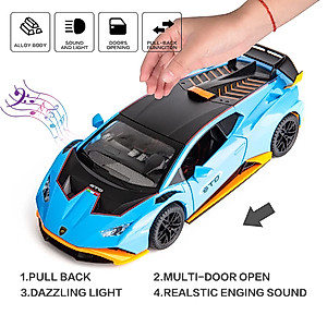 WAKAKAC Model Car 1/24 Scale Compatible for Lambo Huracan STO Die-cast Toy Vehicle Pull Back with Light and Sound Toy Car Door Can be Open (Blue)