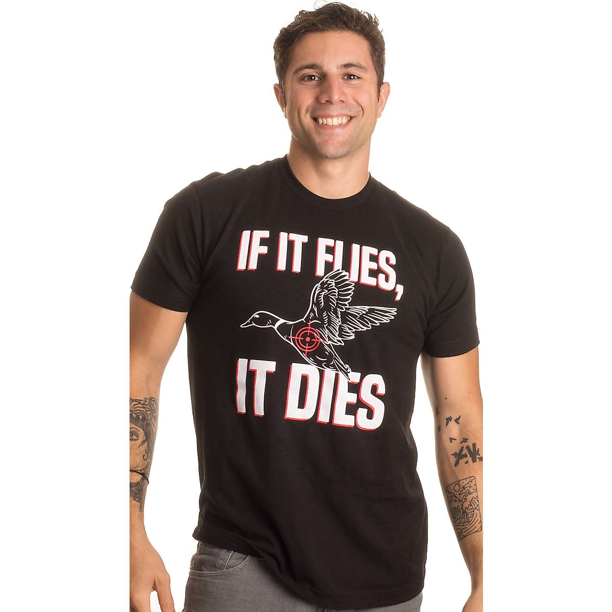 Ann Arbor T-shirt Co. If it Flies, it Dies | Funny Duck Goose Grouse Bird Fowl Hunting Hunter T-Shirt-(Adult,M) Black