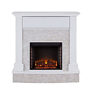 BOWERY HILL Faux Stone Electric Fireplace TV Stand in White Finish