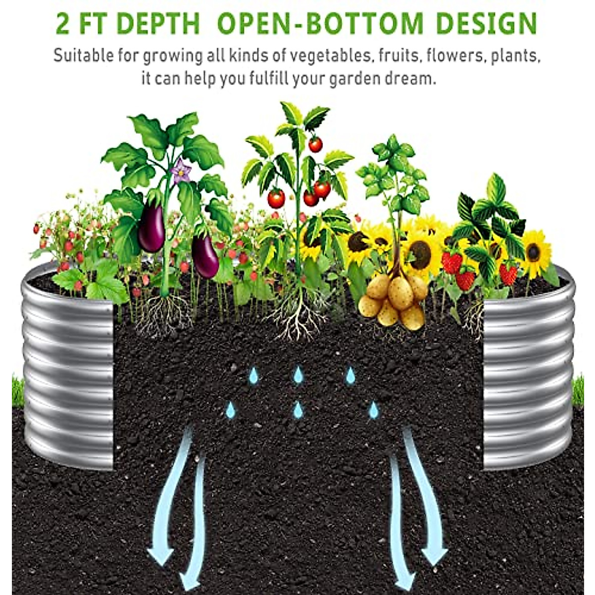 FRIZIONE 8x3x2FT Galvanized Metal Raised Garden Bed for Vegetables, Outdoor Garden Raised Planter Box, Backyard Patio Planter Raised Beds for Flowers, Herbs, Fruits