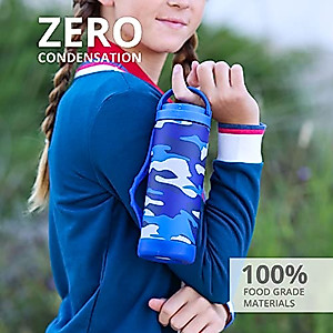 Elemental Iconic Pop Kids Water Bottle for School Girls and Boys | Triple Insulated Stainless Steel Thermos with Straw Lid & Fidget Handle | Flask Water Bottle | BPA free Tumbler, 14oz - Blue Camo