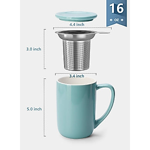 Sweese 16 OZ Porcelain Tea Mug with Infuser and Lid, Loose Leaf Tea Cup, Gifts for Tea Lover, Turquoise
