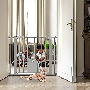Babelio Auto Close Baby Gate with Small Cat Door, 29-43" Metal Cat Gate for Doorway, Stairs, House, Easy Walk Thru Dog Gate with pet Door, Includes 4 Wall Cups and 3 Extension Pieces, Gray