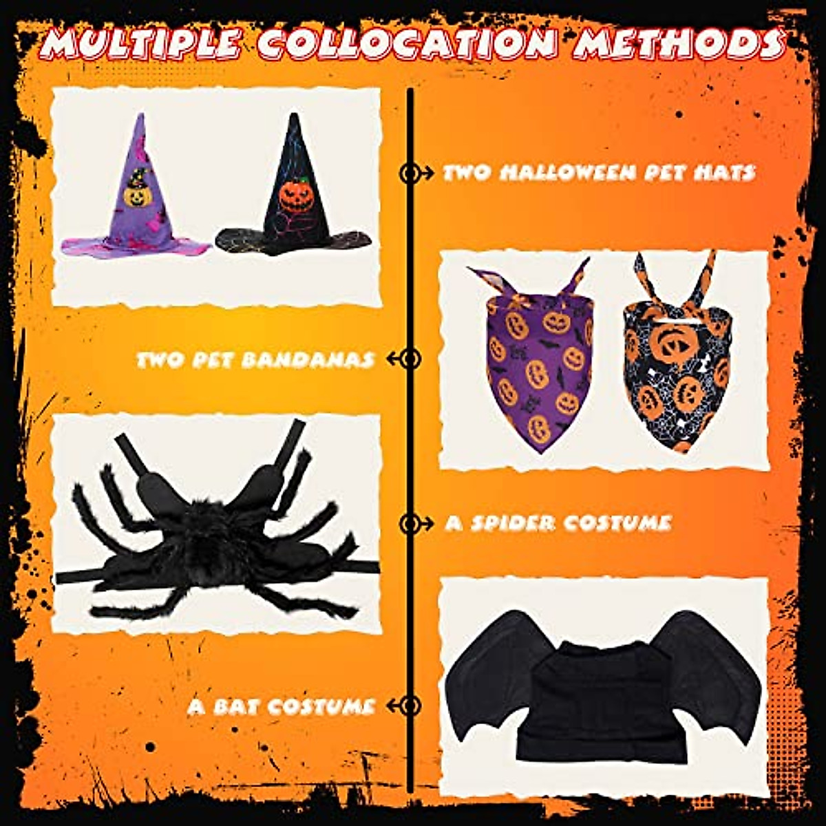 6 Pcs Pet Halloween Costumes Dogs Spider Costume Puppy Cats Bat Wings Costume with 2 Halloween Dog Bandanas 2 Halloween Pumpkin Witch Hat Halloween Pets Cosplay Costumes Accessories for Dog Cat Puppy