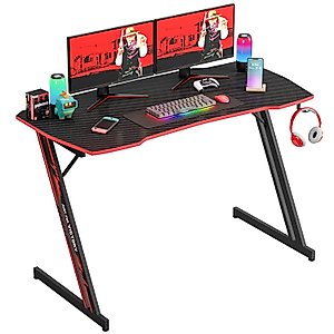PayLessHere 47 Inch Modern Z-Shaped Gaming Desk Computer Desk for Home Office with Headphone Hook - Sturdy Workstation Table with Spacious Desktop,Red