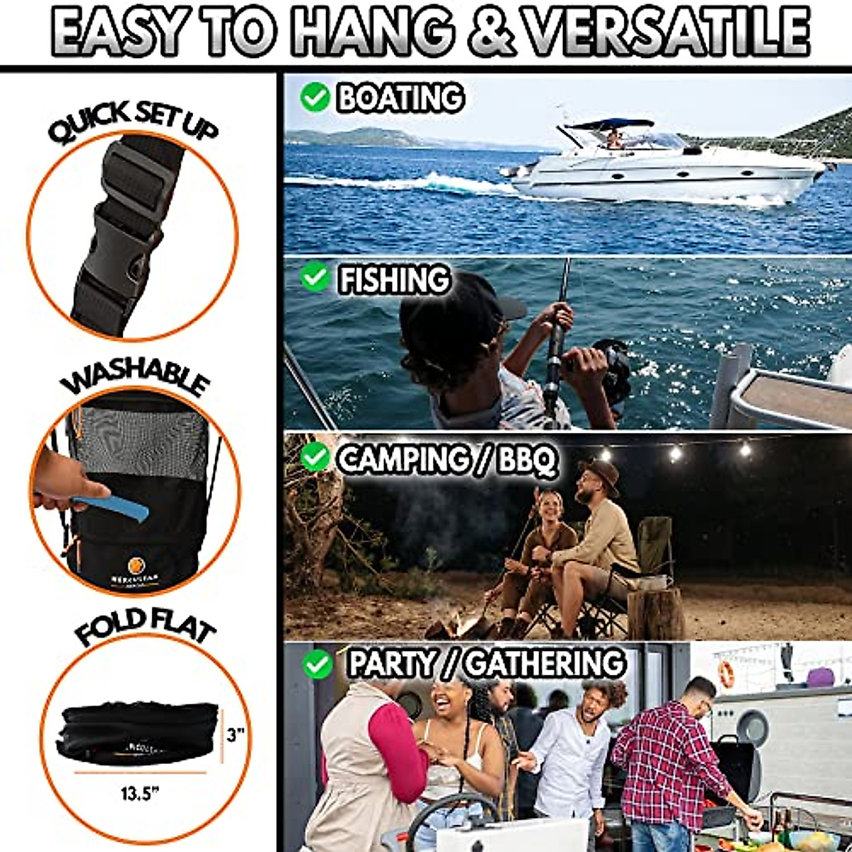 Herculean Premium Boat Trash Can | Portable Outdoor Waste Bag with Trash Bag Clips | Boat Trash Can | Reusable Mesh Trash Container for Boat Storage | Fishing Boat Accessory | Ideal for Laundry Bag