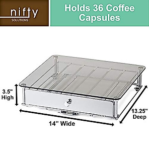 Nifty Rolling Coffee Pod Drawer - Glass Top & Chrome Finish, Compatible with K-Cups, 36 Pod Pack Holder, Compact Under Coffee Pot Storage Drawer, Slim Home Kitchen Counter Organizer