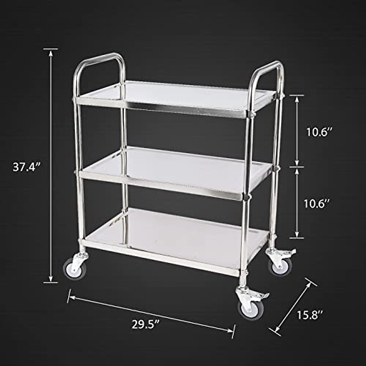 Amarite 3 Shelf Stainless Steel cart，420 lbs，1MM Thick，Serving cart with Wheels, Household, Service Trolley,360°Rotation Storage Shelf with Locking Wheels（29.5*15.8*37.4）'' Stainless Utility cart.