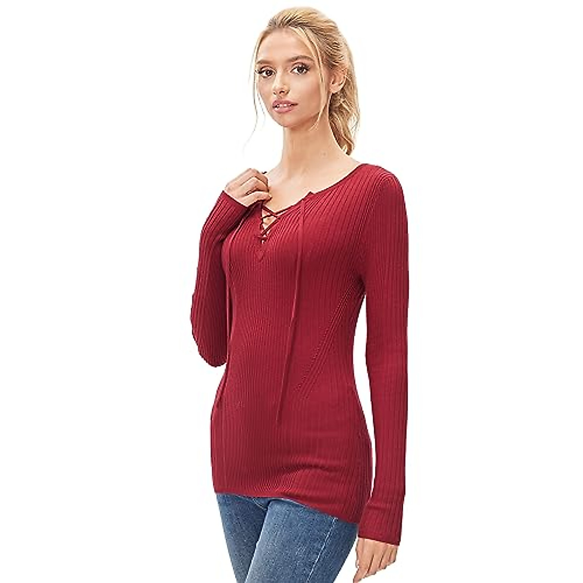 AmélieBoutik Women Notch V Neck Lace Up Long Sleeve Ribbed Sweater (Wine Red X-Small)