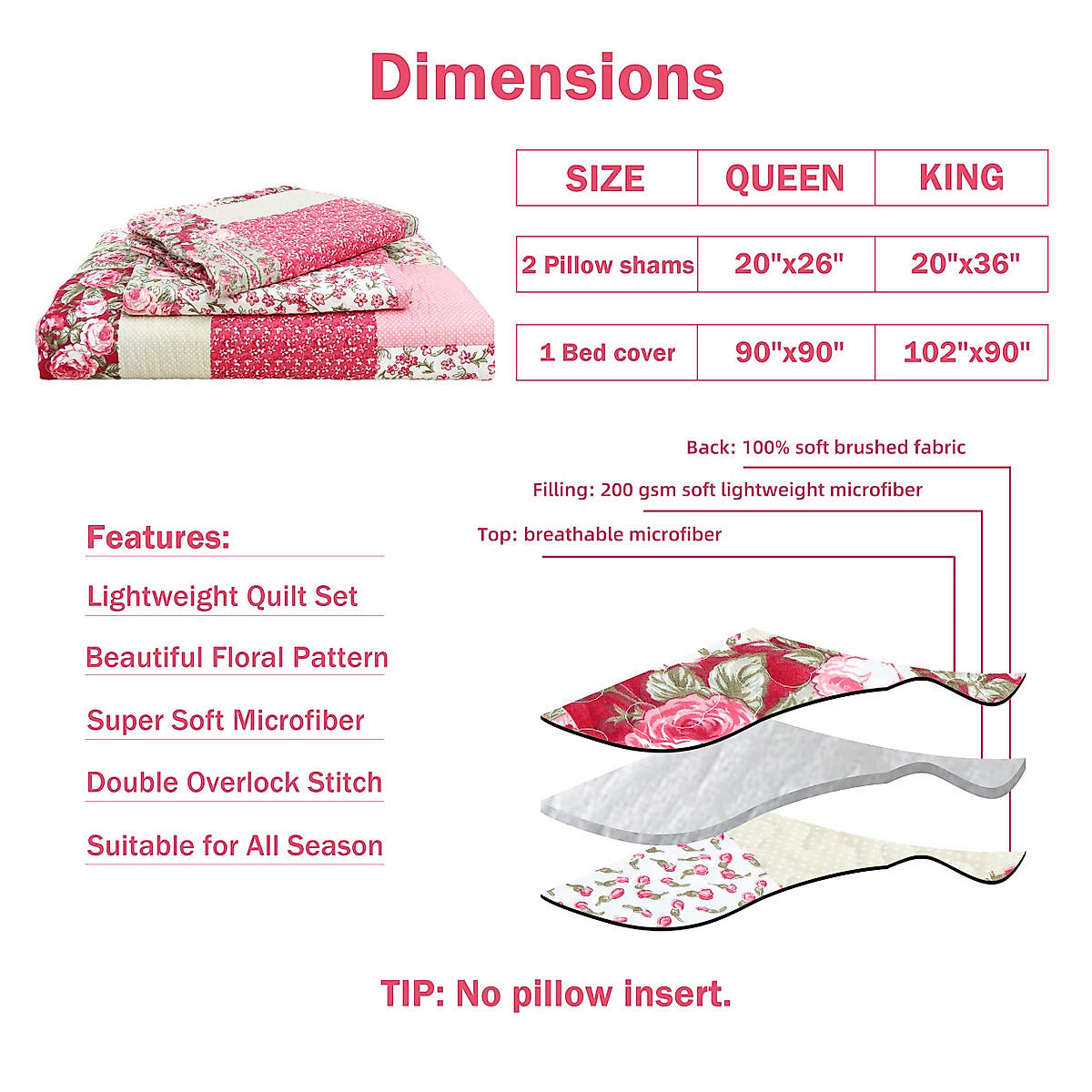 Cmfshape Summer Floral Queen Quilted Bedspread,Romantic Pink Quilt Set Full,Reversible Stitched Bedding Set All Season,Soft Lightweight Coverlet with Pillow Cases (Hot pink&Rose, Queen90 x90)