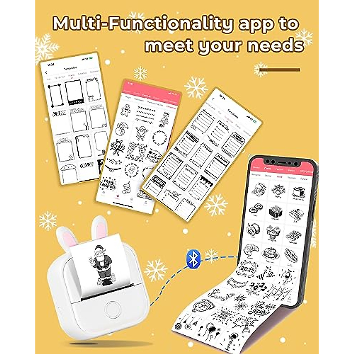 Memoqueen Mini Sticker Printer with 3 Rolls Paper T02 Mini Portable Thermal Printer,Sticker Maker Machine for Study, Brithday Gift, Journal, Work, Children DIY, Compatible with Phone & Tablet, White