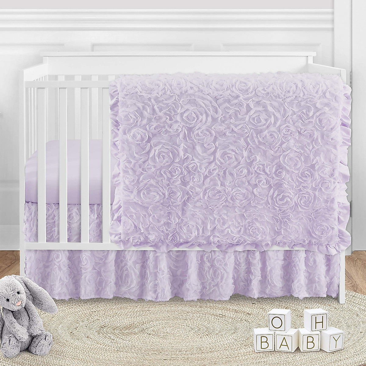 Sweet Jojo Designs Purple Floral Rose Baby Girl Nursery Crib Bedding Set - 4 Pieces - Solid Light Lavender Flower Luxurious Elegant Princess Vintage Boho Shabby Chic Luxury Glam High End Ruffle Roses