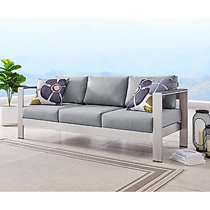 Modway Shore Aluminum Metal Outdoor Patio Sofa With Silver Gray All-Weather Cushions