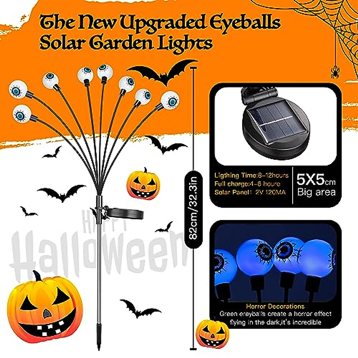Flumy Outdoor Halloween Decorations, 2-Pack Solar Swaying Garden Lights, Scary Eyeball Solar Landscape Pathway Stake Fairy Lights, 16 LED Waterproof Outdoor Lights for Halloween Party Decor Yard Patio