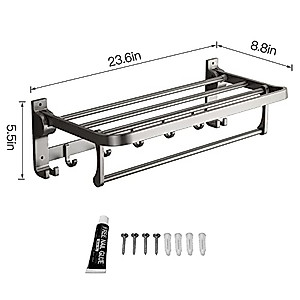 MUSTORN Bathroom Towel Rack with Towel Bar and Hooks 23.6 in Foldable Towel Shelf Wall Mounted Lavatory Towel Organizer Modern Gray Finish