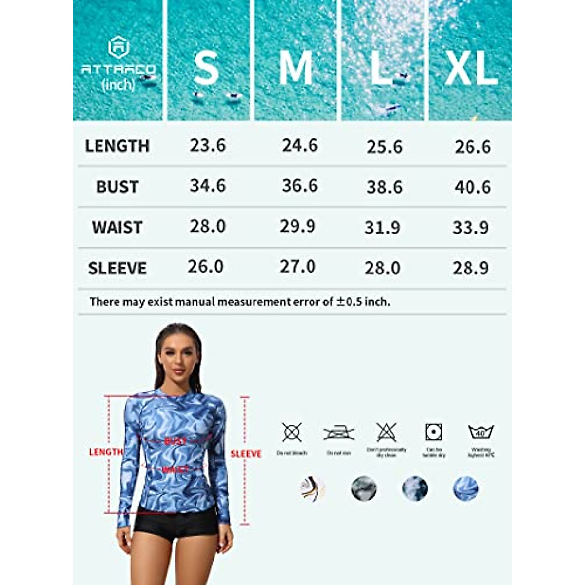 ATTRACO Rash Guard for Women Long Sleeve Swim Shirt Y2K Skiny UV Swimsuit Top UPF 50+ Blue L