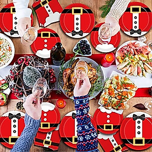 Kepeel 96 Pcs Santa Christmas Paper Plates Santa Claus Suit Disposable Party Plates Napkins Set Merry Christmas Holiday Dinnerware Party Decoration Supplies, Serves 24