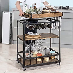 Fleecy day Bar Carts for Home,Bar Serving Cart 3-Tier Rustic Wood with Wine Rack and Glass Holder,Beverage Cart with Wheels and Metal Serving Trolley 34in