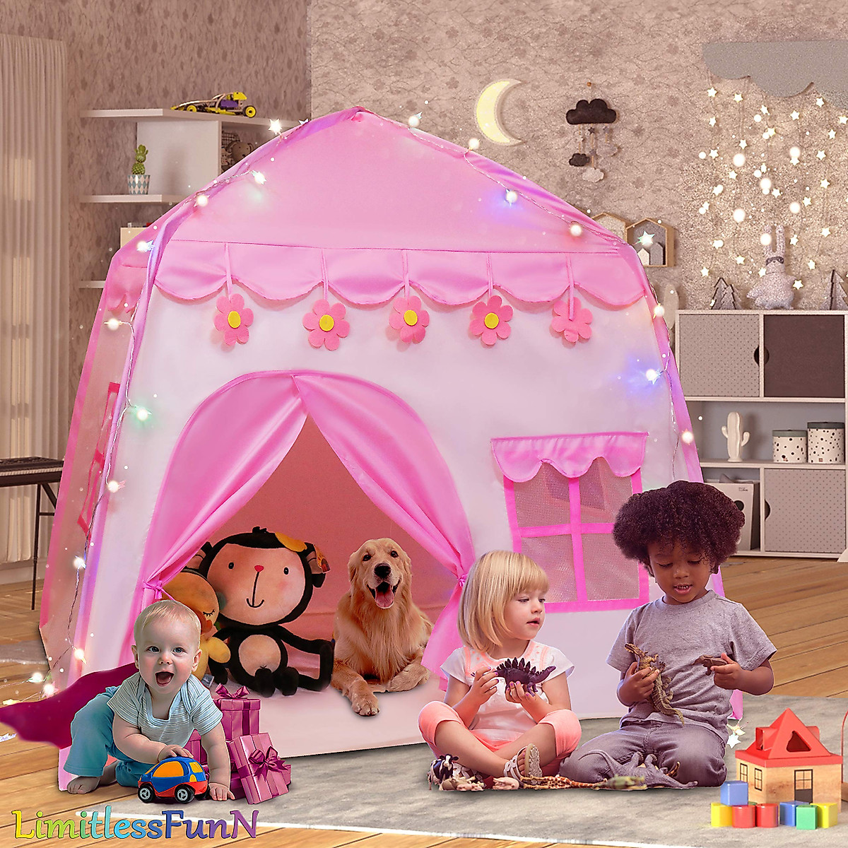 LimitlessFunN 210D Oxford Fabric Flower Kids Play Tent | Includes Star Lights & Carrying Case |, Children Indoor Castle Playhouse for Girls, Toddlers, 39" D x 51" W x 51" H