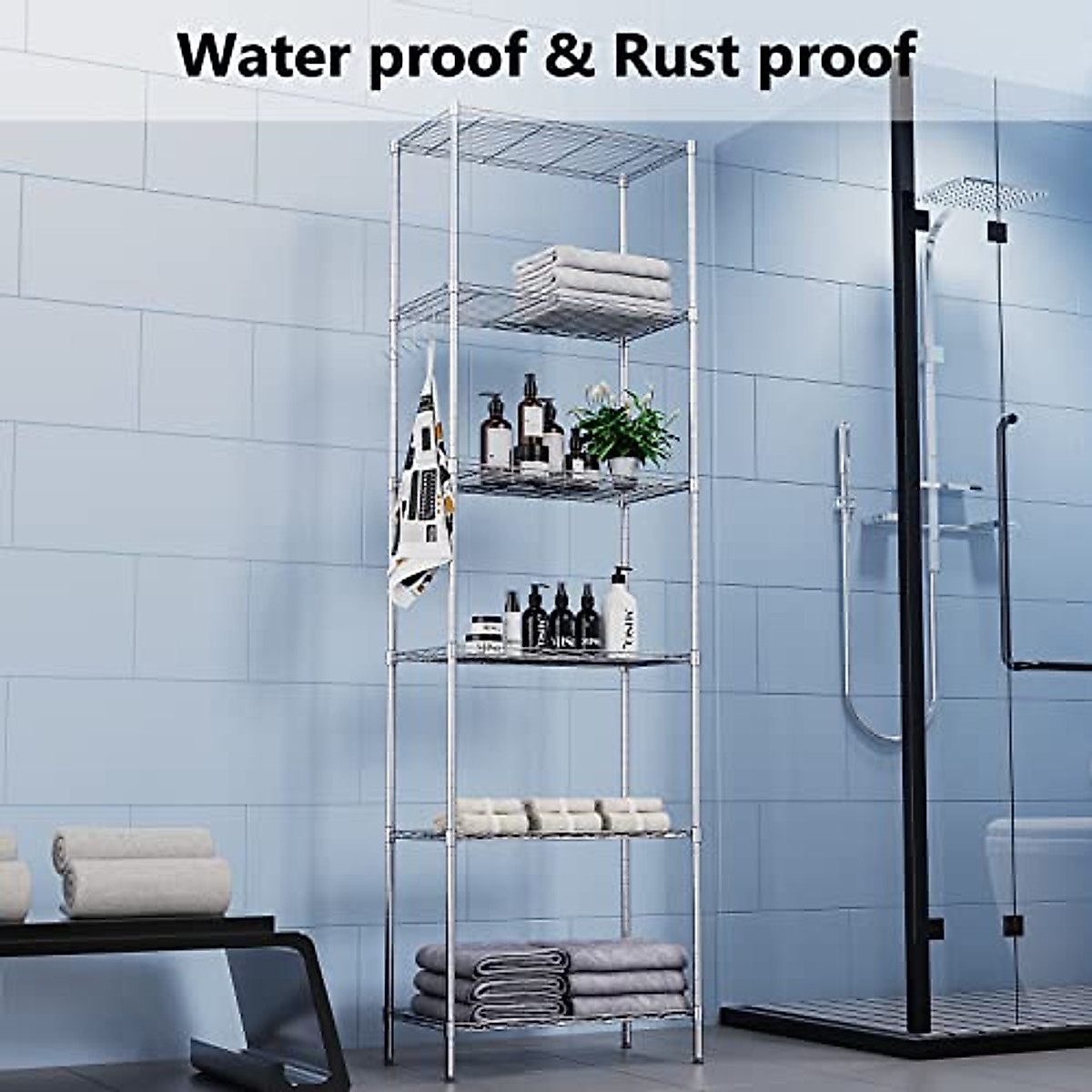 BATHWA 6-Shelf Wire Shelving Units, Heavy Duty Metal Shelf Wire Rack with Leveling Feet, Adjustable Utility Storage Shelves for Garage, Kitchen, Living Room, Bathroom, 21.26L x 11.42W x 62.99H