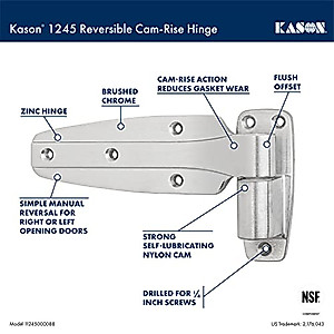 Kason 1245 Reversible Cam-Rise Hinge, Flush Offset, Brushed Chrome Finish, 11245000088