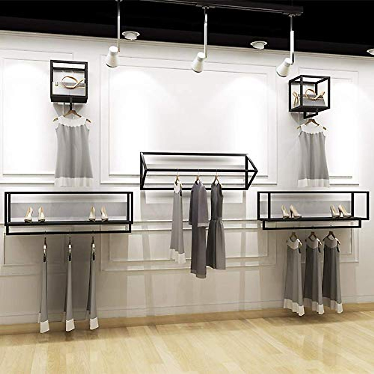 PIBM Stylish Simplicity Shelf Wall Mounted Floating Rack Shelves Coat Rack Metal Display Stand Decoration Bedroom Bathroom Clothing Store,4 Styles, Black , 100x30x40cm