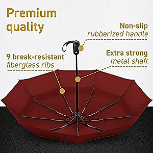 EEZ-Y Travel Umbrellas for Rain - Wind Resistant w/Open Close Button - Marsala