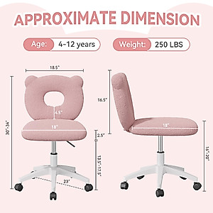 Nebuaegis Bear Kids Desk Chair with Wheels& Back, Adjustable Armless Child Study Chair, Cute Teddy Fabric Office Chair, Vanity Makeup Chair for Girl & Lady in Bedroom Reading Living Room,Pink