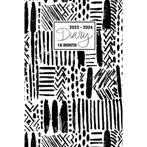 2023 - 2024: 18 Month Diary A5 Week to View on 2 Pages Weekly Journal Agenda WO2P Planner Jul 23 to Dec 24 Horizontal With Moon Phases, UK & US ... Black White Ethnic Monochrome Pattern