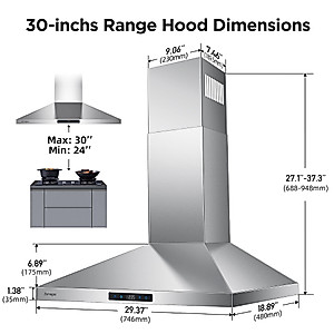 Range Hood 30 inch Stainless Steel, Wall Mount Stove Hood Ducted/Ductless Convertible with 3 Speed Kitchen Vent Hood, Touch Control, Energy-saving LED Lights, 5-Layer Aluminum Filters