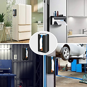 Hcmaesun Magnetic Tissue Holder Glove Dispenser Holder and Trash Bag Holder for Kitchen, Holds Boxes of Tissues, Trash Bag, Gloves, Mount onto Fridge Kitchens or in Garages, Workshops, Black