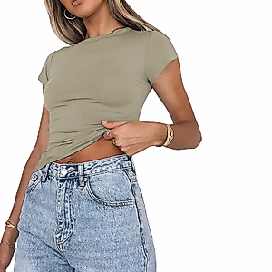Women Y2k Short Sleeve Crop Tops Round Neck Solid Slim Fit Tee Shirt Casual Workout Yoga Cropped Shirt Top (C Green,Large)