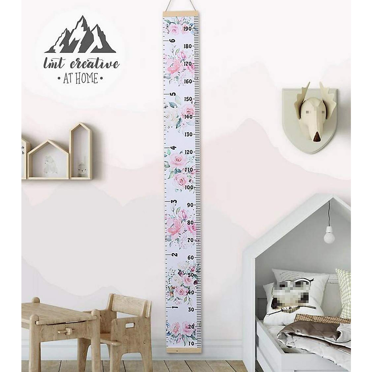 XINGZI Kids Baby Growth Chart Ruler 8 x 79 inch Wood Frame Height Measure Chart Canvas Pink Flower Hanging Removable Wall Ruler Wall Decor Nursery Decoration for Kids Girls Boys Toddlers Gift