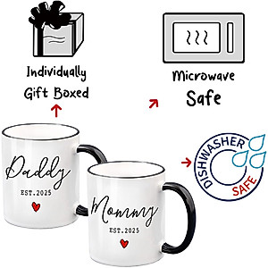 New Daddy & Mommy Est 2025 Coffee Mugs Set of 2, First Time Mommy Daddy Gift Prospective Parents Mugs Gift, New Parents Gift, Pregnancy Announcement Baby Reveal Mug (Black handle)-56