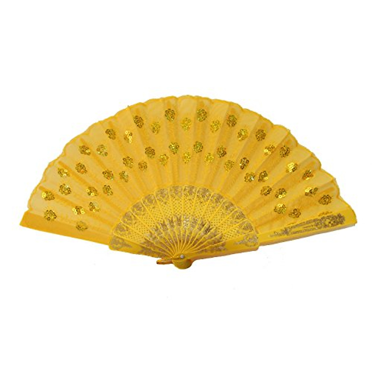 Feng Shui Import Colorful Peacock Pattern Sequin Fabric Hand Fan (Yellow)