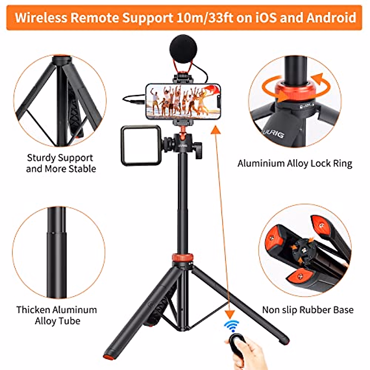 UURIG 52" Extendable Phone Tripod with Remote Selfie Stick 360° Ball Head Camera Tripod with 2 in 1 Phone Clip Cell Phone Stand for iPhone 14/13/12 Pro Max/Samsung/GoPro/Camera