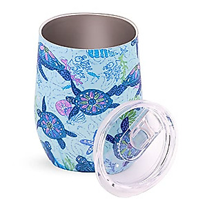 Vera Bradley Insulated Wine Tumbler, 12 Ounce Travel Cup, Blue Stainless Steel Tumbler with Lid, Turtle Dream